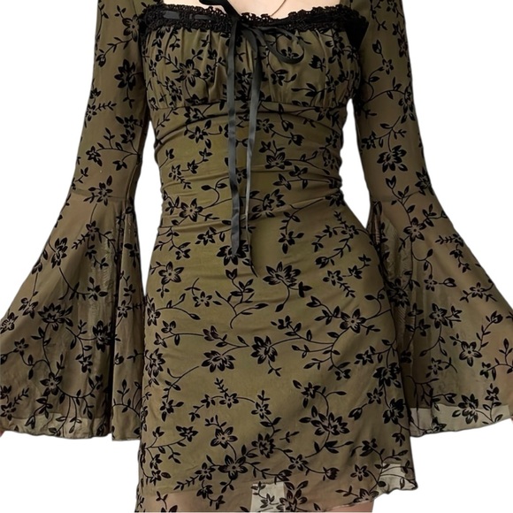 Dresses | Fairycore Bell Sleeve Mesh Velvet Floral Pattern Olive Green ...